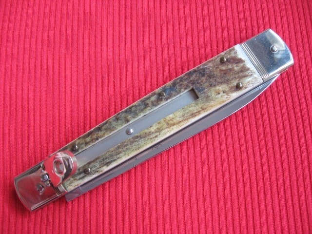 Solingen German Hubertus Large 10" Leverlock Switchblade Knife - Stag