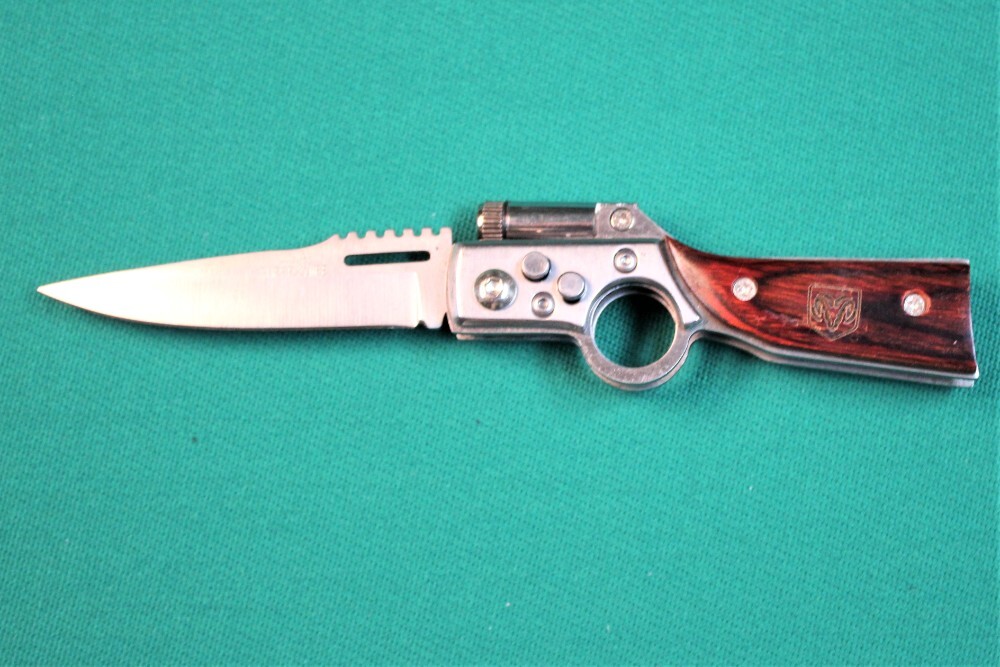 Gun Shaped Switchblade Knife - Rosewood Handle - Flashlight