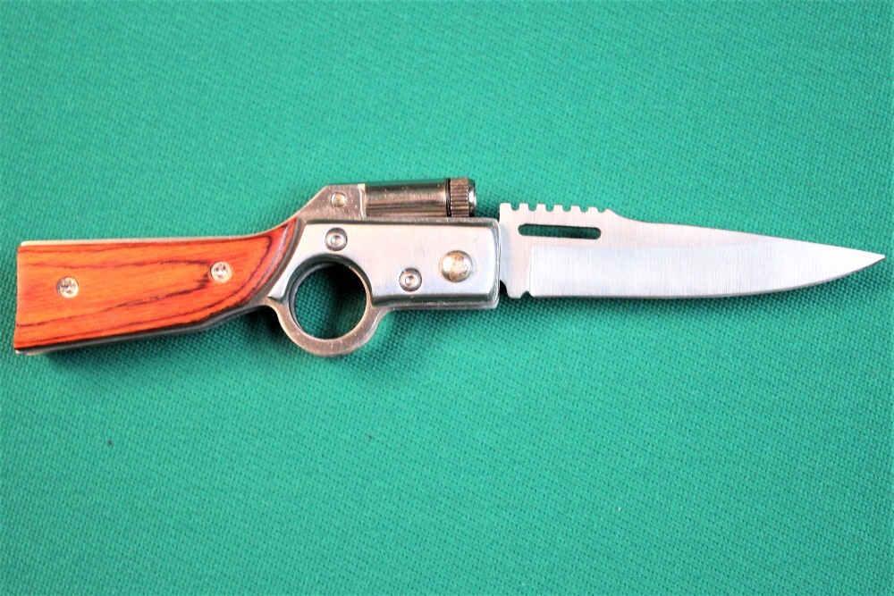 Gun Shaped Switchblade Knife - Rosewood Handle - Flashlight