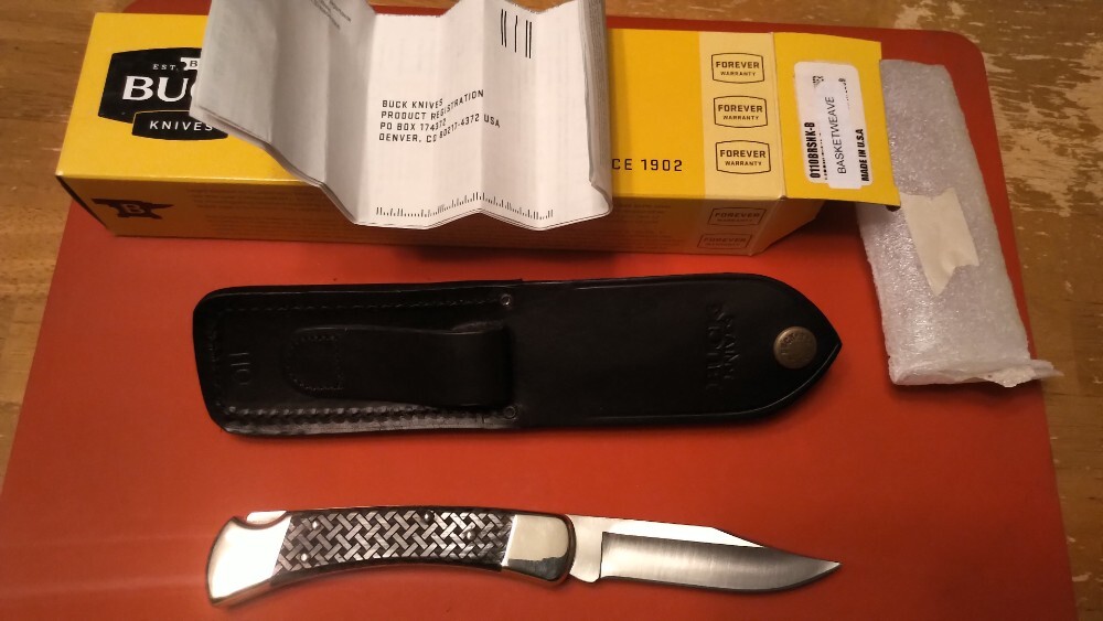 Buck 110 Folding Hunter, Nickel Silver Bolsters, Basketweave Scales