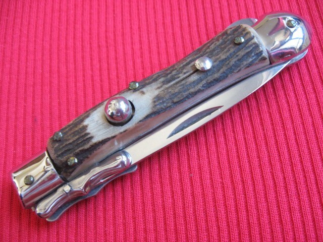 Italian MEDICI Style Stag Swing Guard STILETTO Switchblade Knife