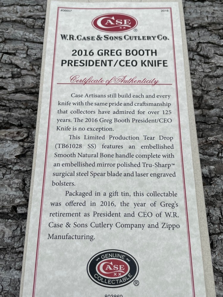 CASE XX ** 2016 NATURAL SMOOTH BONE GREG BOOTH PRESIDENT CEO TEAR DROP COA