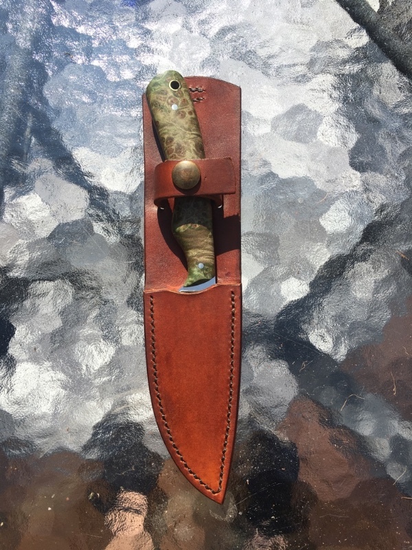 Custom Bird and Trout Style Knife with Stabilized, Dyed, Maple Burl Wood Handles