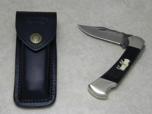 Buck Custom USA 112 Flint Chip Blade Horn Handle Buffalo Inlay Folding ...