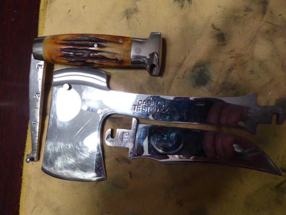 Case Tested Knife/Axe combo with stag handles and leather sheath
