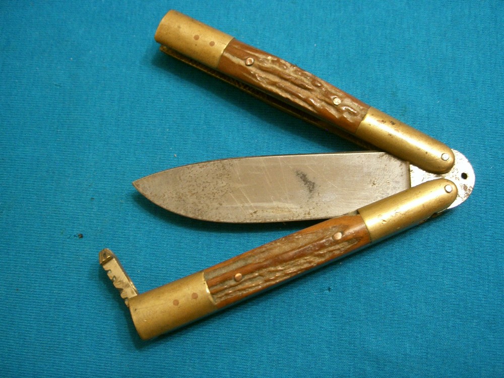 VINTAGE FILIPINO ANTLER STAG BRASS HANDLE BALISONG BATANGAS BUTTERFLY ...