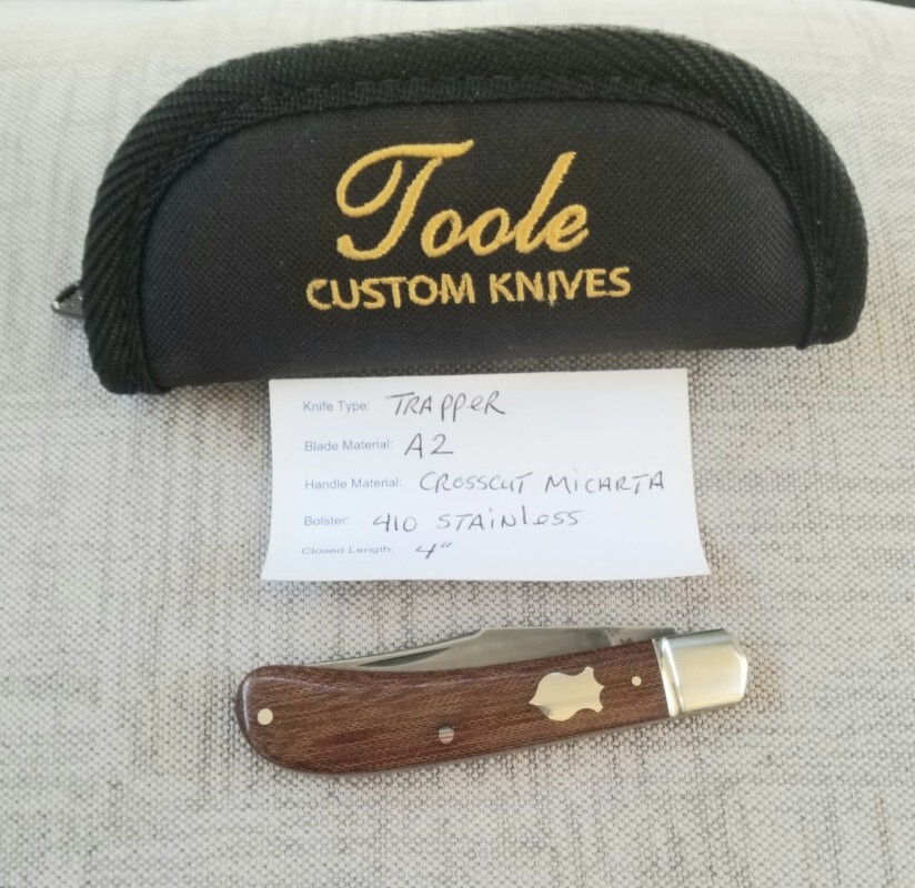 Bobby Toole Custom Crosscut Micarta Trapper Knife, 4" ..A2 acid washed ...