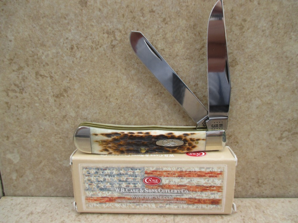 Case XX Amber Bone Peach Seed Jigged Trapper CV Blades New In Box