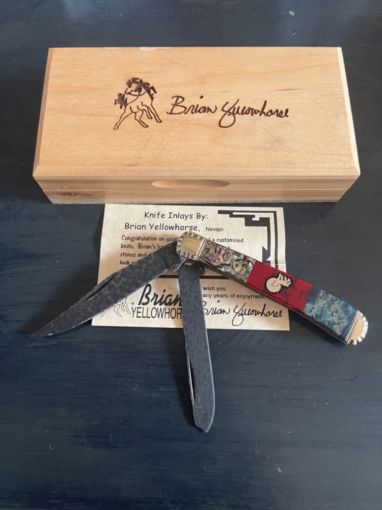 Case Brian Yellowhorse Native Steel Trapper with Burl, Paua and Coral ...