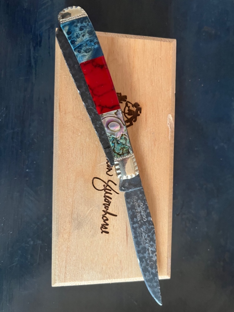 Case Brian Yellowhorse Native Steel Trapper with Burl, Paua and Coral ...