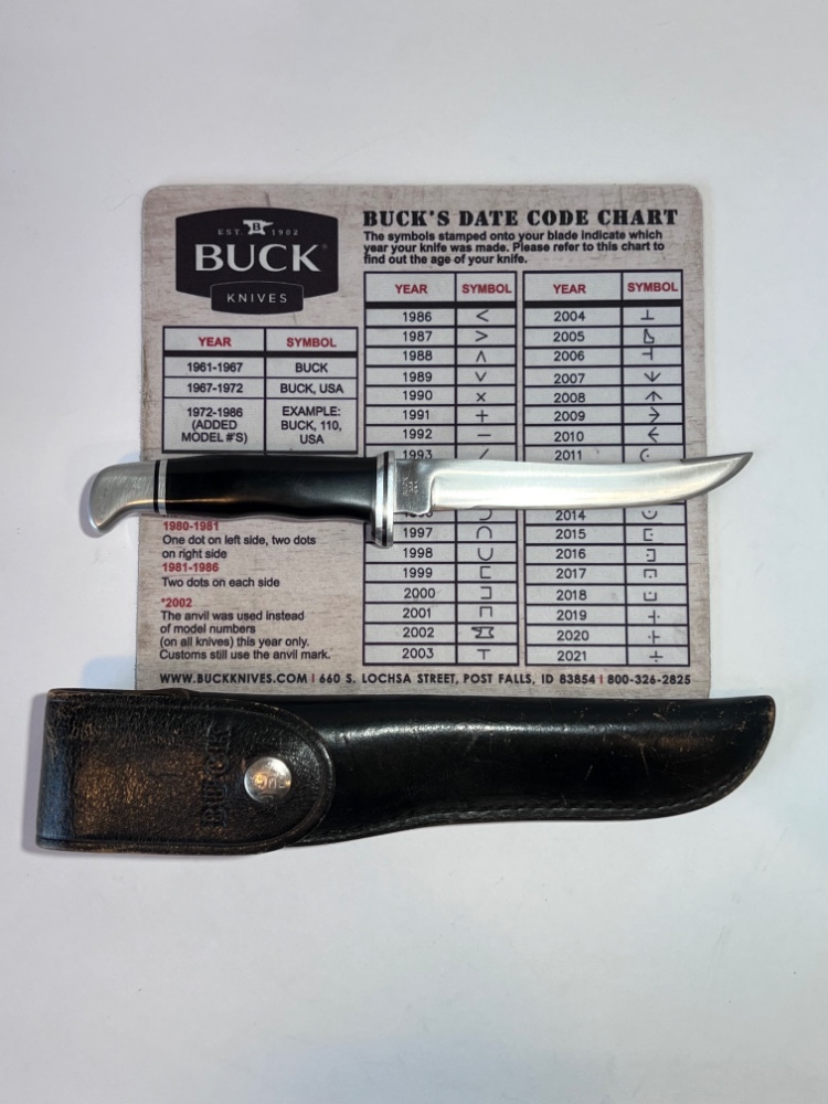 Buck 105, Inverted, 3 line stamp. 1972-1973. Used with sheath