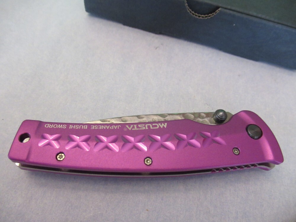 Mcusta Japanese Bush Sword Purple Anodized Aluminum Liner Lock Damascus ...