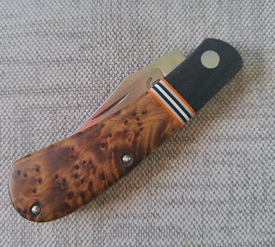Grayson Jennings Thuya Burl Trapper..Cpm154..Black Canvas Micarta ...