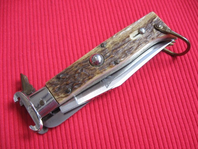 Vintage Italian INDIANA Shell Puller Fulcrum Stag Switchblade Knife