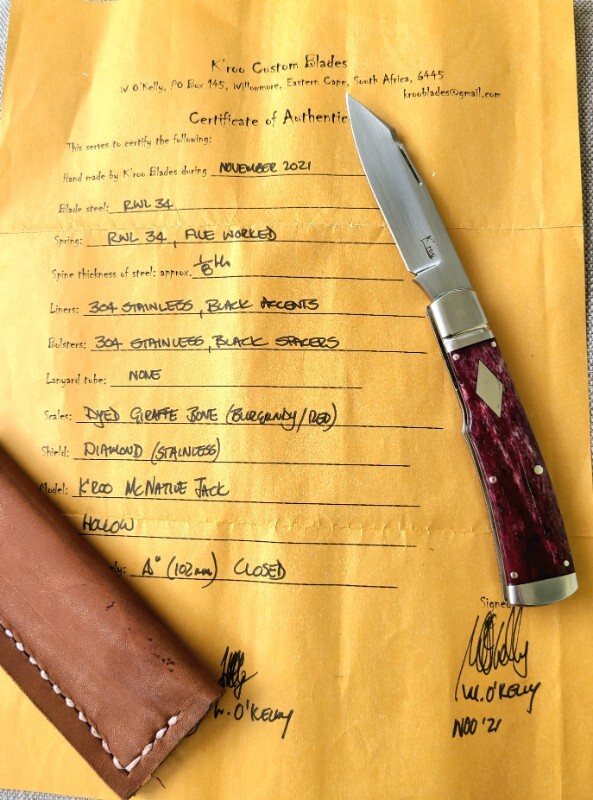 K'roo Custom Dyed Giraffe Bone Native..4" closed..Rwl34...coa and slip