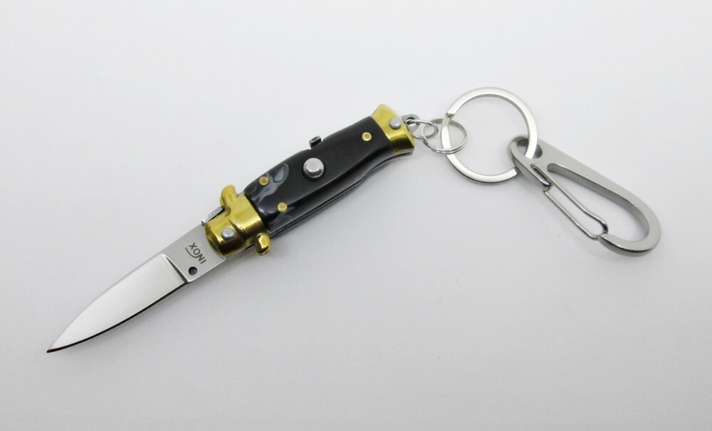 Miniature INOX Stiletto Switchblade Knife Key Chain Synthetic Horn Handle