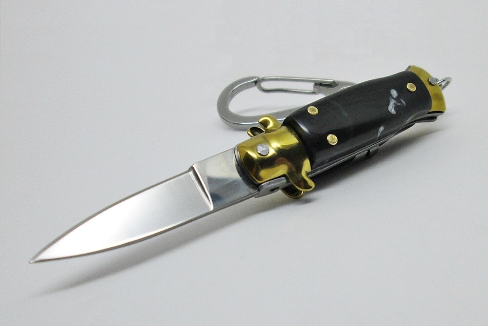 Miniature INOX Stiletto Switchblade Knife Key Chain Synthetic Horn Handle