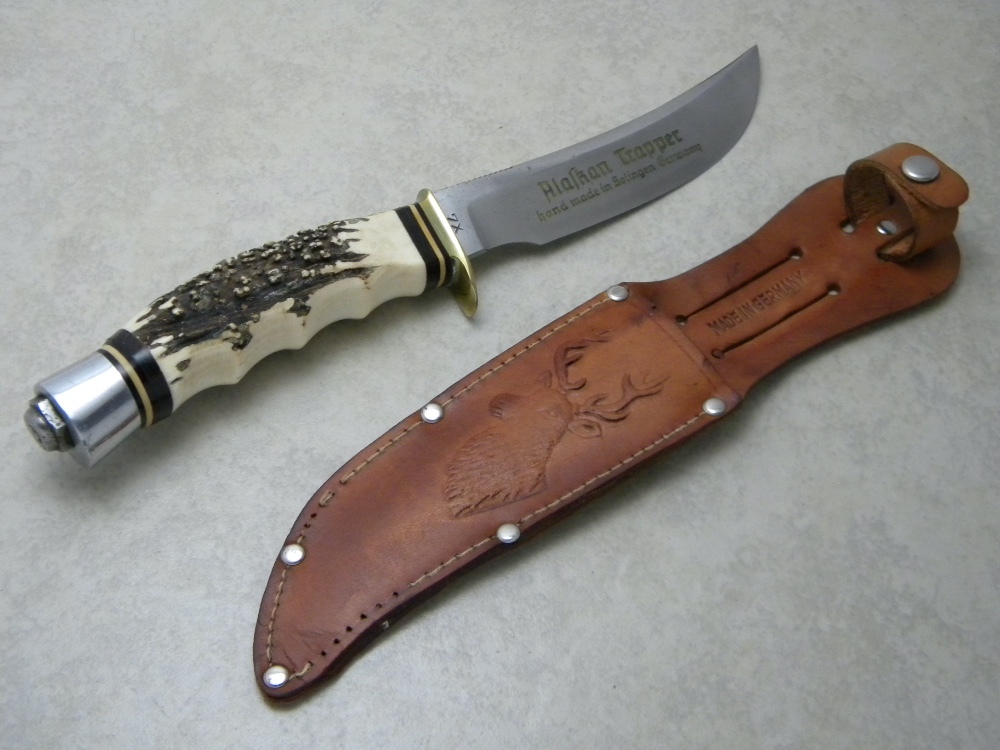 E.C. Solingen Germany Alaskan Trapper Stag Fixed Blade Sheath Knife