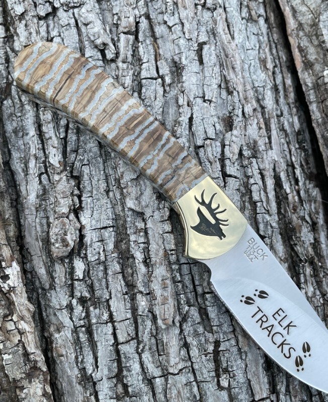 BUCK 113 ** YELLOWHORSE CUSTOM MAMMOTH TOOTH ELK TRACKS FIXED BLADE