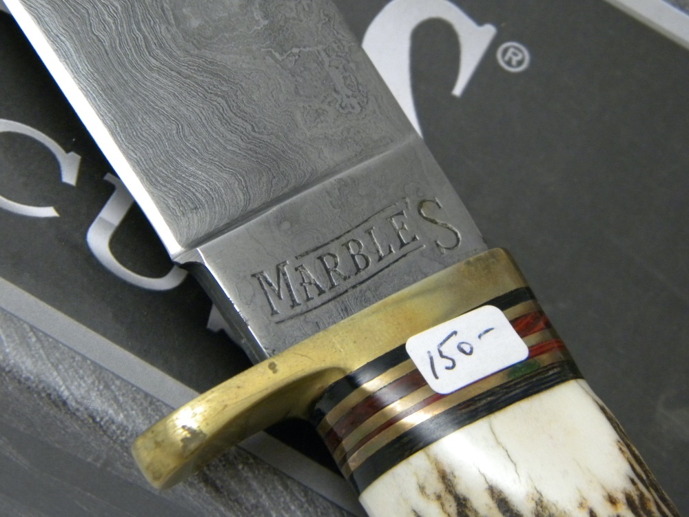 Marbles Stag/Stag MA-514 Damascus Bowie Fixed Blade Sheath Knife in Box