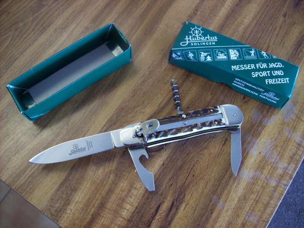 Vintage Hubertus Knife Rare Camper Automatic 3 Blades W/Corkscrew Stag ...