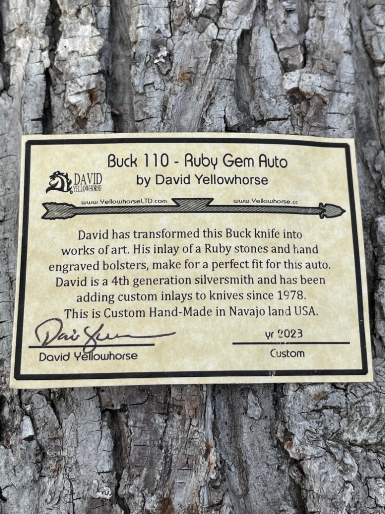 BUCK 110 * YELLOWHORSE CUSTOM RUBY GEM AUTOMATIC KNIFE W/ENGRAVED STAIR ...