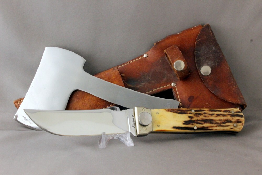 KABAR KNIFE/AXE COMBO, Stag Handles, 1952-1969, Original Leather Sheath