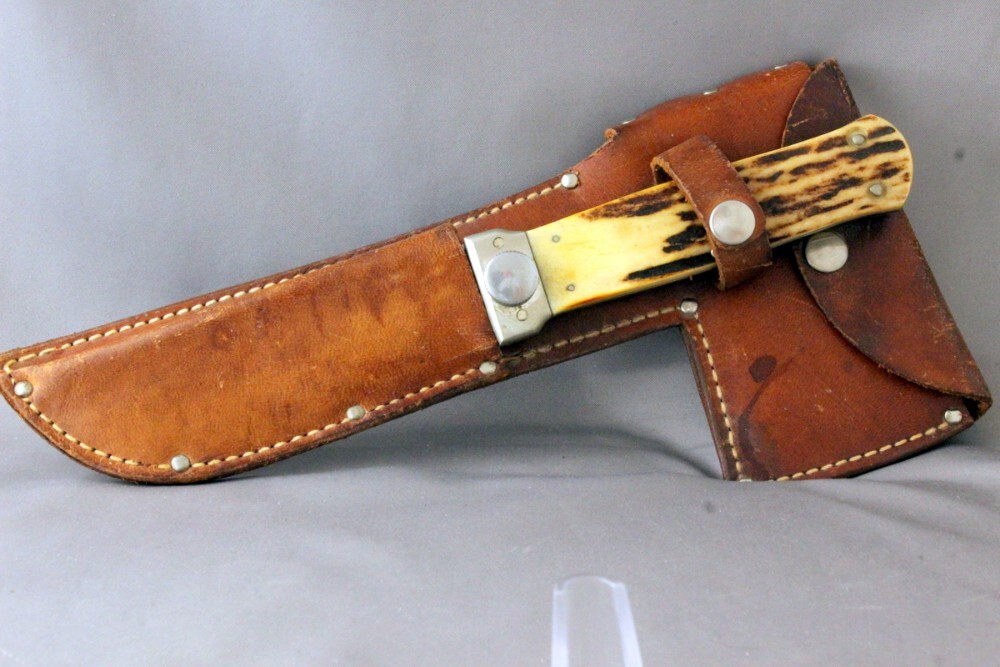 KABAR KNIFE/AXE COMBO, Stag Handles, 1952-1969, Original Leather Sheath