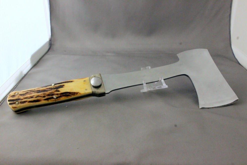 KABAR KNIFE/AXE COMBO, Stag Handles, 1952-1969, Original Leather Sheath