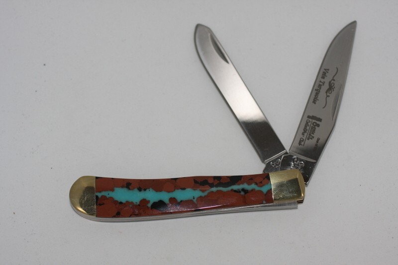 SANTA FE STONEWORKS & H & R TURQUOISE VEIN ROCK POCKET KNIFE TRAPPER 1-300