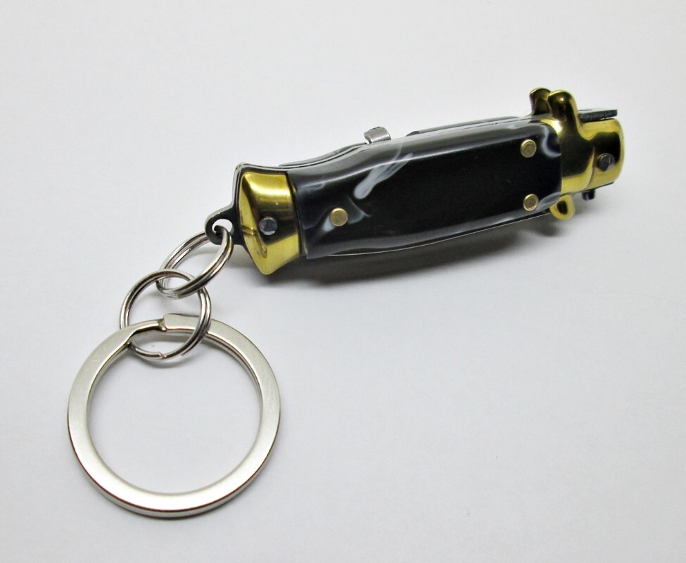 Miniature INOX Stiletto Switchblade Knife Key Chain Synthetic Cow Horn ...
