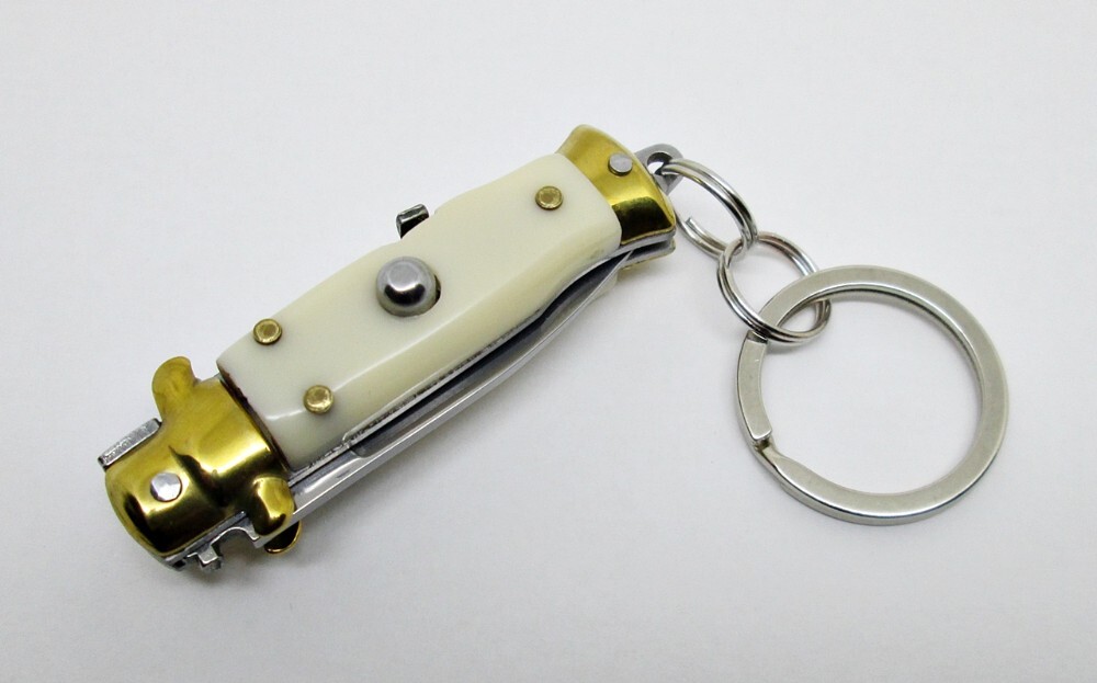 Miniature INOX Stiletto Switchblade Knife Key Chain Synthetic Ivory Handle