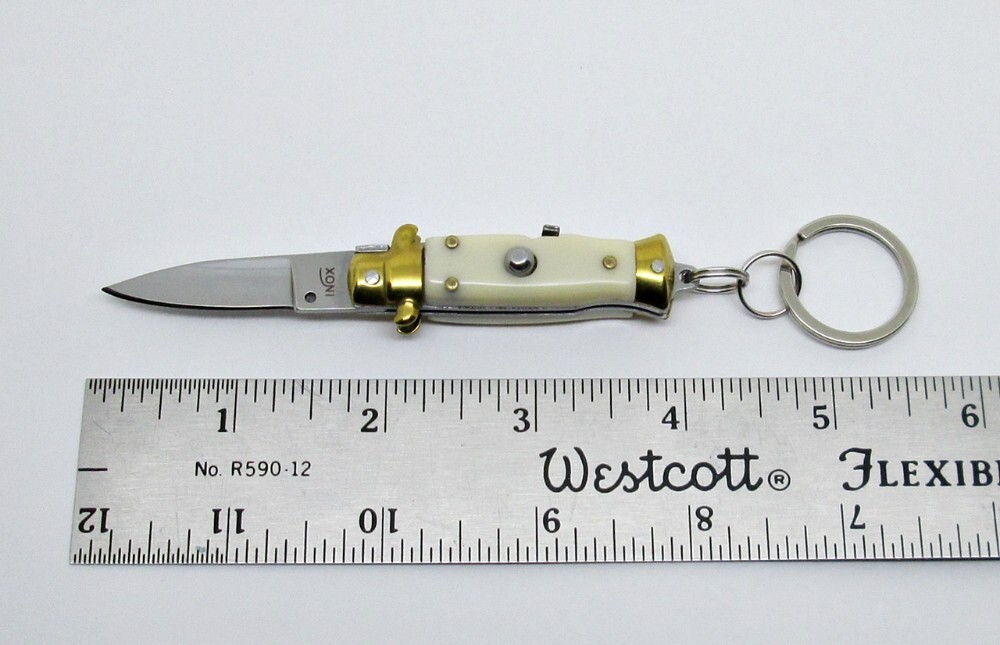 Miniature INOX Stiletto Switchblade Knife Key Chain Synthetic Ivory Handle