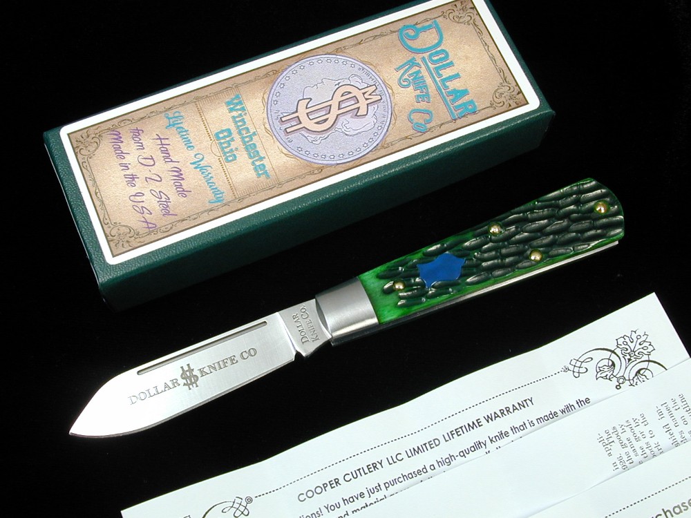 Dollar Knife Co. Green Jigged Bone with Blue Shield Jack Knife from ...
