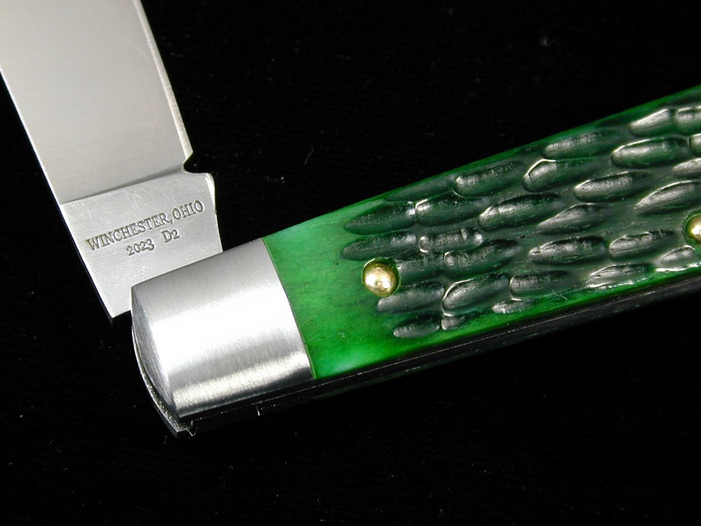 Dollar Knife Co. Green Jigged Bone with Blue Shield Jack Knife from ...