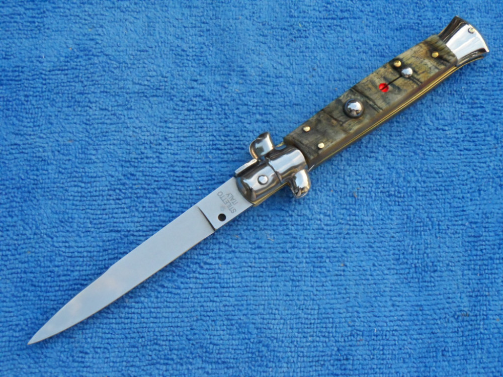 New 9" Italian Stiletto Genuine Rams-Horn Handles- SS Swedge Grind Blade