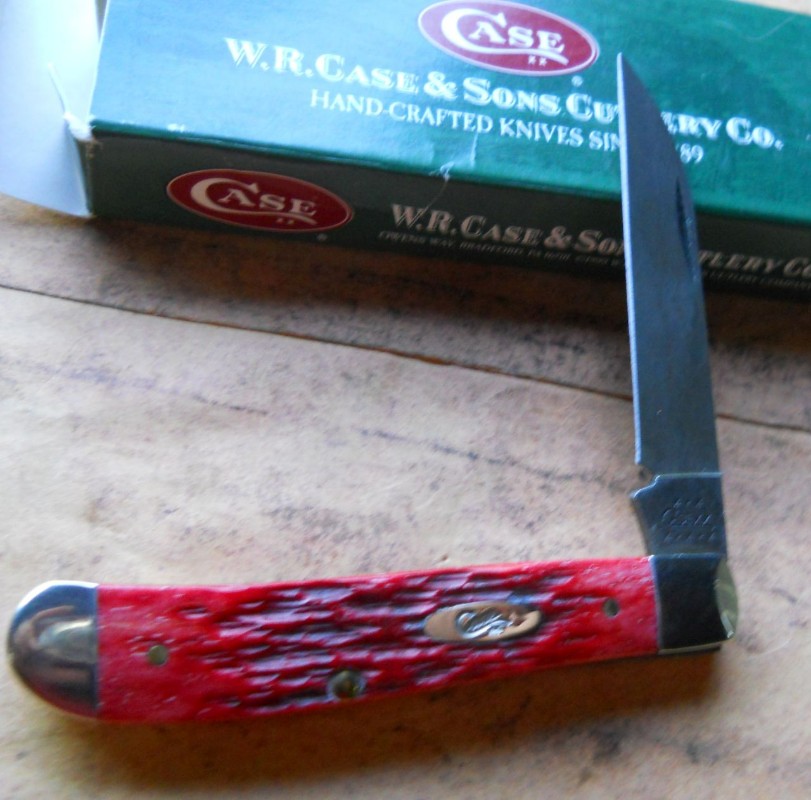 Case 6107 Damascus Wharncliffe Knife - Dark Red Bone