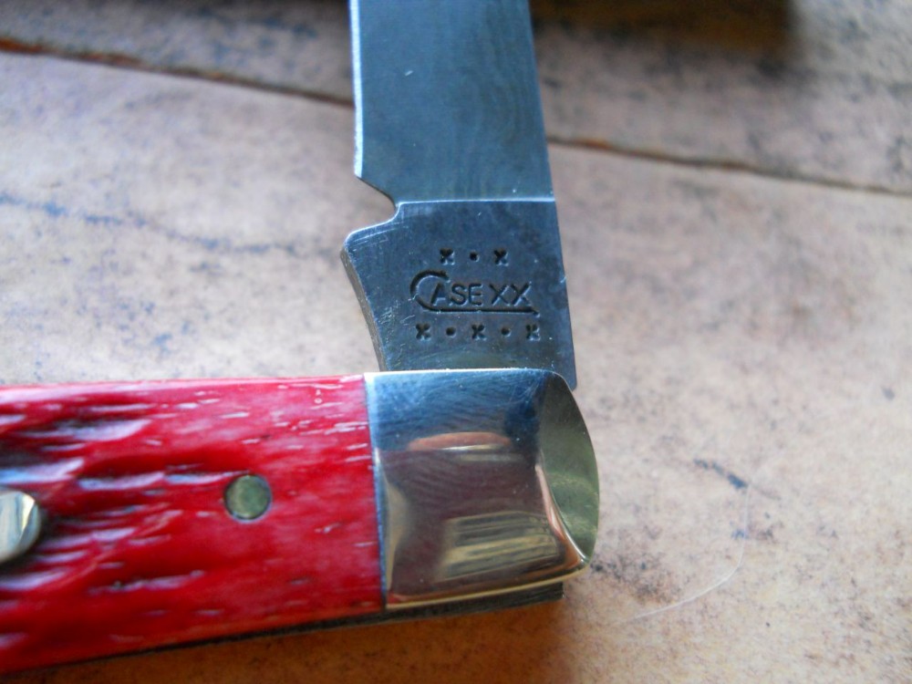 Case 6107 Damascus Wharncliffe Knife - Dark Red Bone