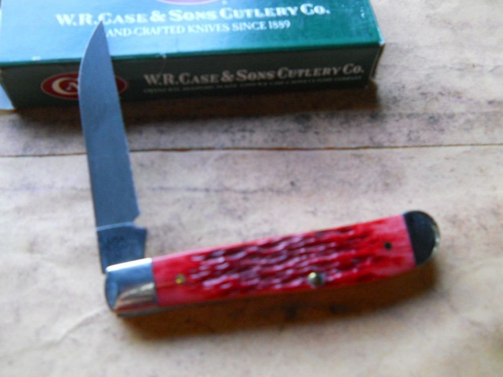Case 6107 Damascus Wharncliffe Knife - Dark Red Bone