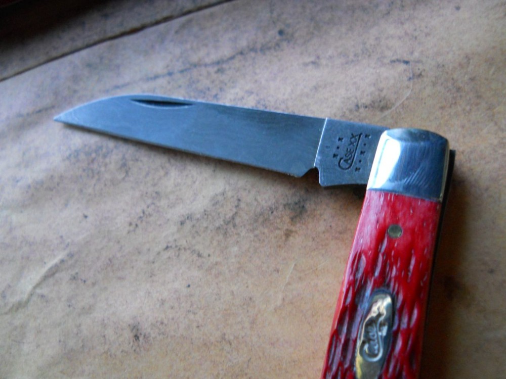 Case 6107 Damascus Wharncliffe Knife - Dark Red Bone