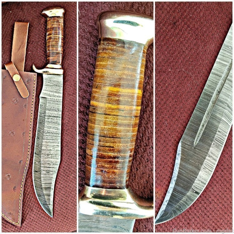 Damascus CROCODILE hunter bowie knife. Hand Made hand forged. Leather ...