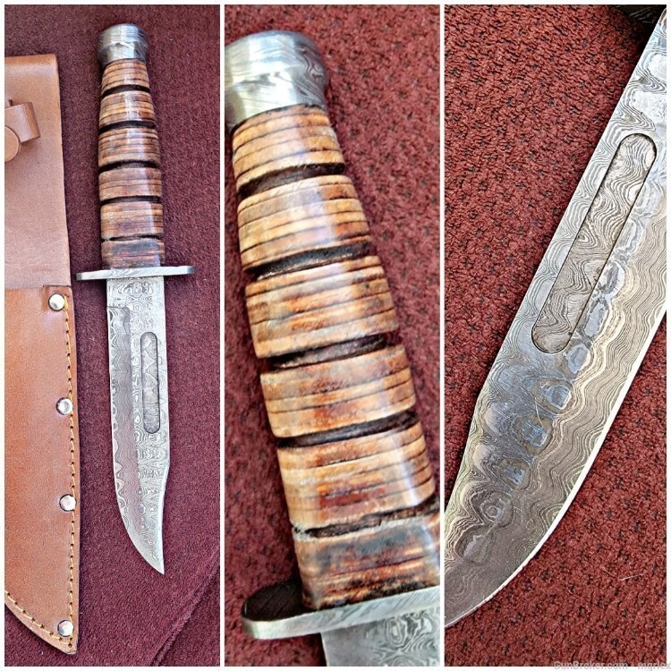 Damascus US Military Design. Hand Made, hand forged. Leather ring ...