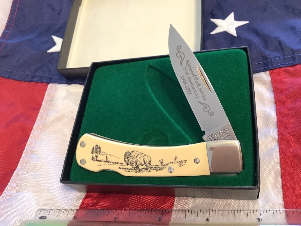 Schrade Scrimshaw 3 & 3/4” Lockback w Buffalo in nature Scene +artist ...