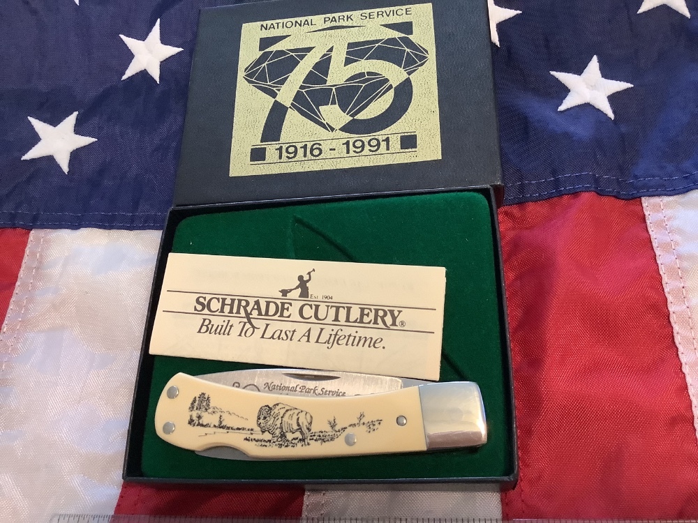 Schrade Scrimshaw 3 & 3/4” Lockback w Buffalo in nature Scene +artist ...