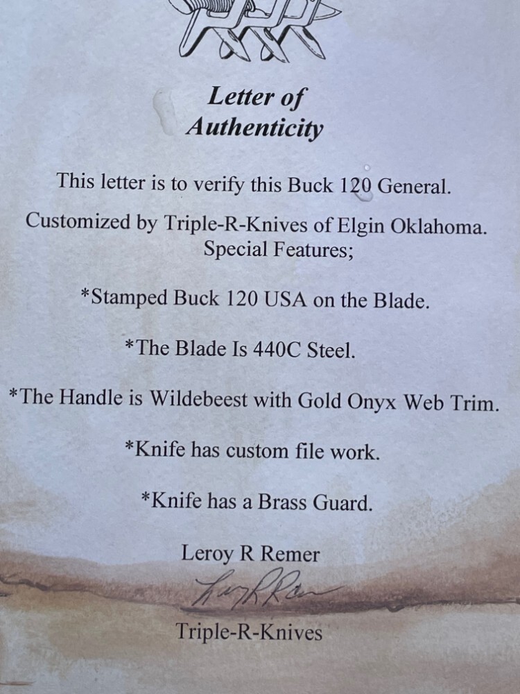 LEROY REMER BUCK 120 GENERAL BRASS GUARD WILDEBEEST WITH GOLD ONYX TRIM #10