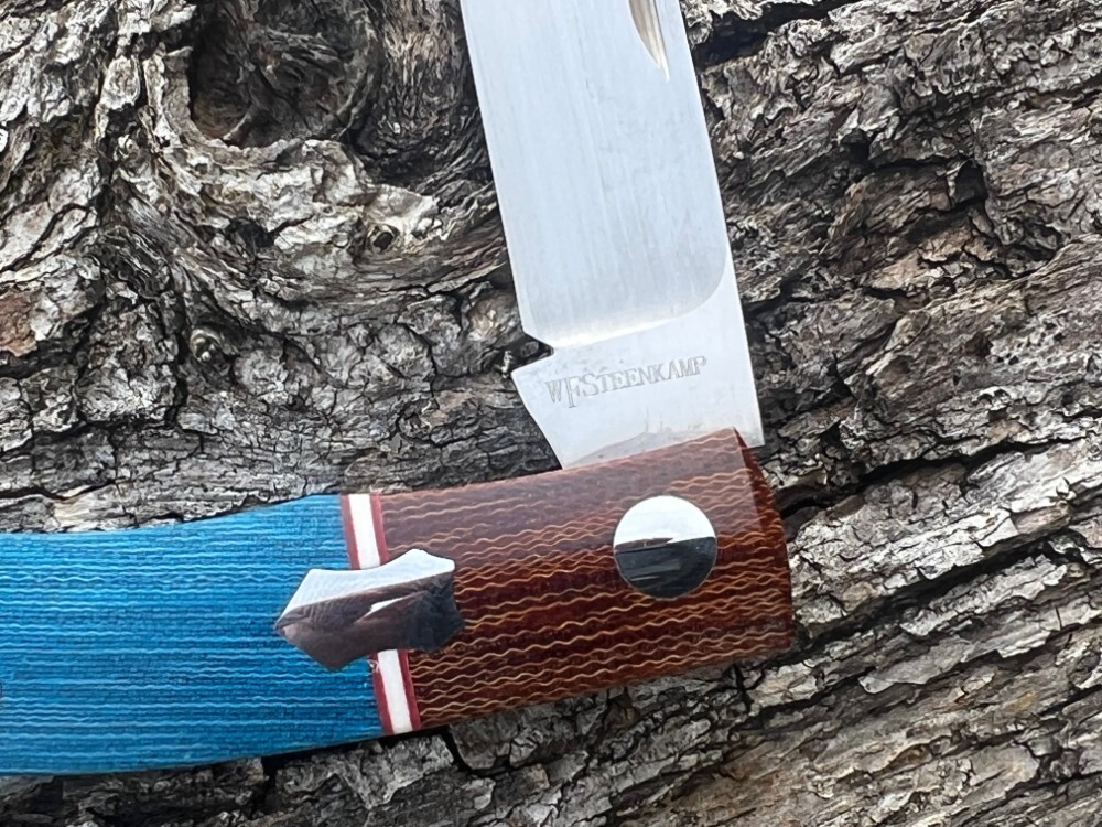 WF STEENKAMP DINO M390 BLUE & NATURAL CANVAS MICARTA DINO PATTERN KNIFE