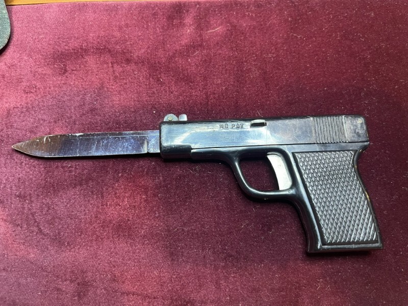 Vintage 1960s Spanish OTF Switchblade Pistol knife with black leather ...