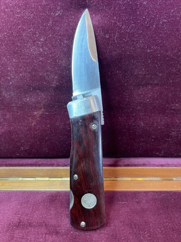 Vintage Benchmark Rolox Viper Sliding Belly Lock knife; wood scales