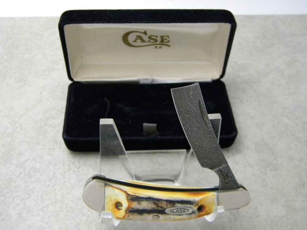 Rare Case XX USA Damascus Stag One Arm Banana Razor Knife