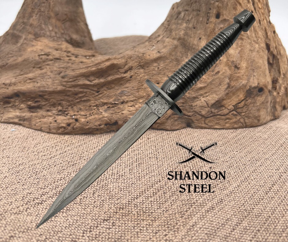 Damascus Commando Dagger Fixed Blade Double Edge Knife w/ Belt Sheath ...